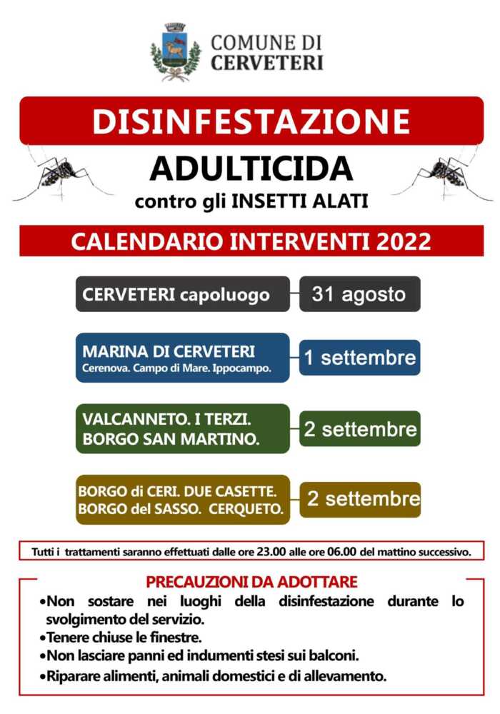 Disinfestazione straordinaria dalla zanzara a Cerveteri: date, luoghi e ...